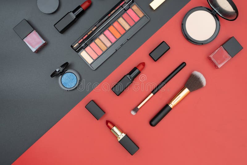 Set Decorative Cosmetics on Black and Red Stock Photo - Image of ...