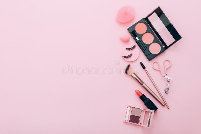 Set of Decorative Cosmetics on Pink Background Stock Photo - Image of ...