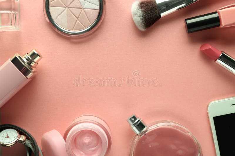 Set of Decorative Cosmetics with Mobile Phone on Color Background Stock ...