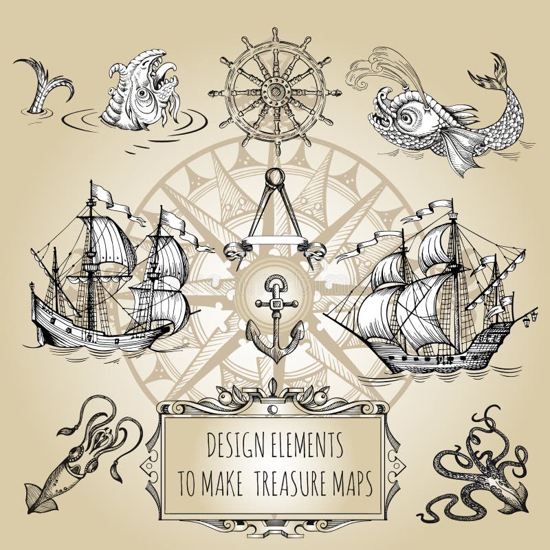 Set of Decorative Elements for the Design of an Old Geographical Map ...