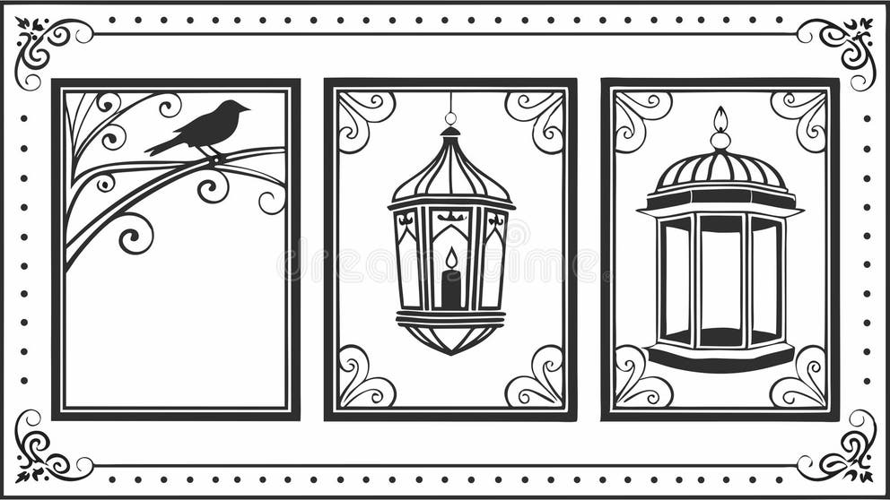 Set of Decorative Frames Featuring a Birdcage and a Lantern Inside ...