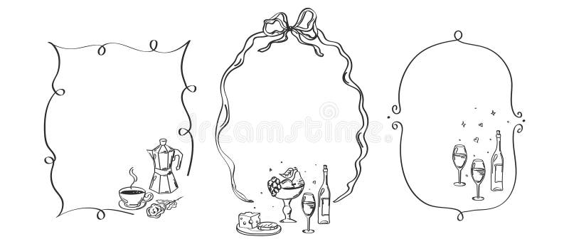 Set of Decorative Frames for Romantic Celebration with Wine, Fruit ...