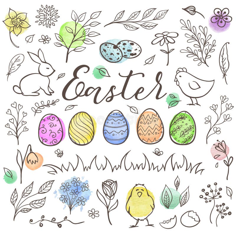 Hand Drawn Easter Doodle Elements Stock Vector - Illustration of ...
