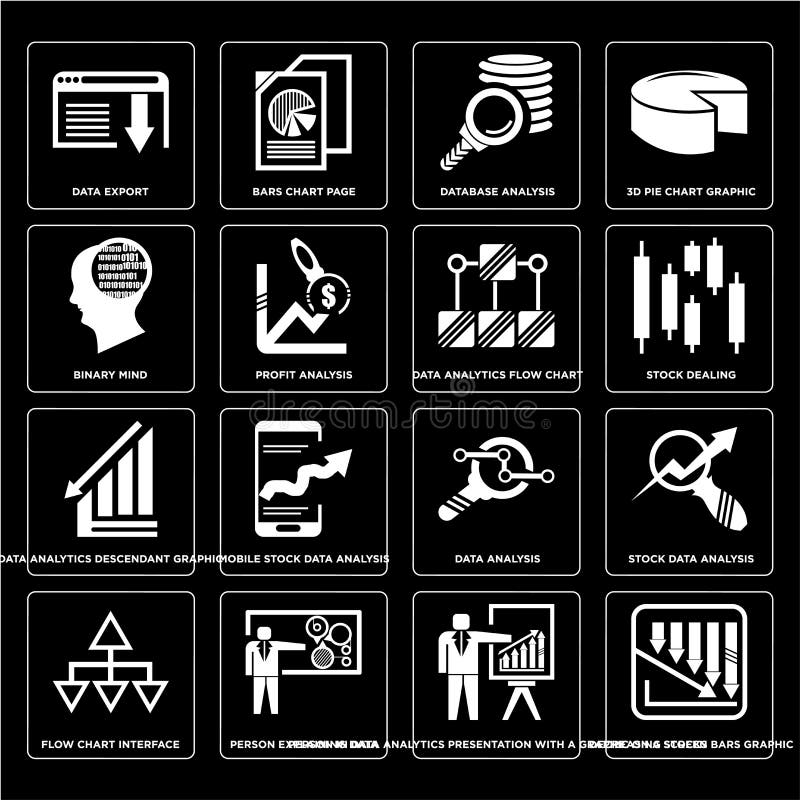 Set of Decreasing Stocks Bars Graphic, Binary Mind, Person Explaining ...