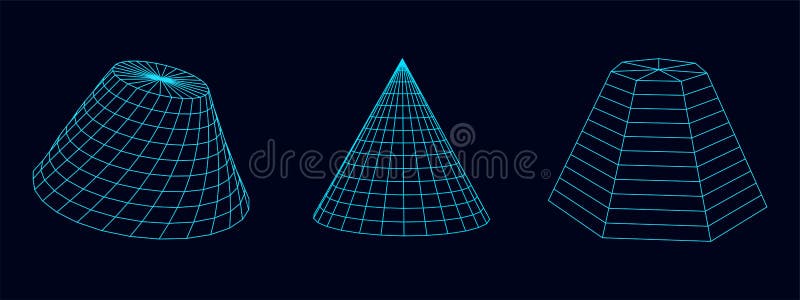 Set of Deformed Wireframe Cones from Different Sides. Vector Abstract ...