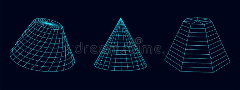 Set of Deformed Wireframe Cones from Different Sides. Vector Abstract ...