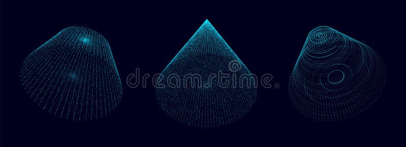 Set of Deformed Wireframe Cones from Different Sides. Vector Abstract ...
