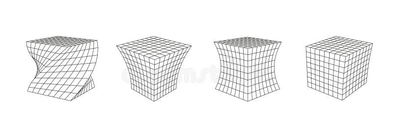 Set of Deformed Wireframe Cube from Different Sides. Vector Abstract ...