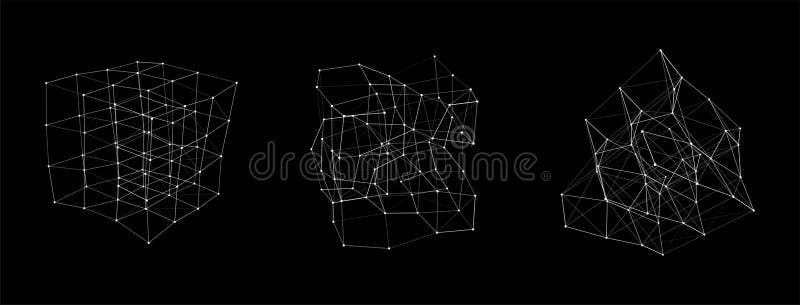 Set of Deformed Wireframe Cube from Different Sides. Vector Abstract ...