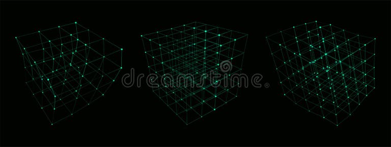 Set of Deformed Wireframe Cube from Different Sides. Vector Abstract ...