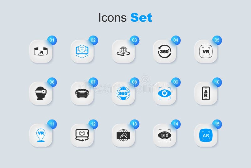 Set 360 Degree View, Virtual Reality Glasses, 3d Modeling, Augmented AR, and Icon. Vector Stock ...