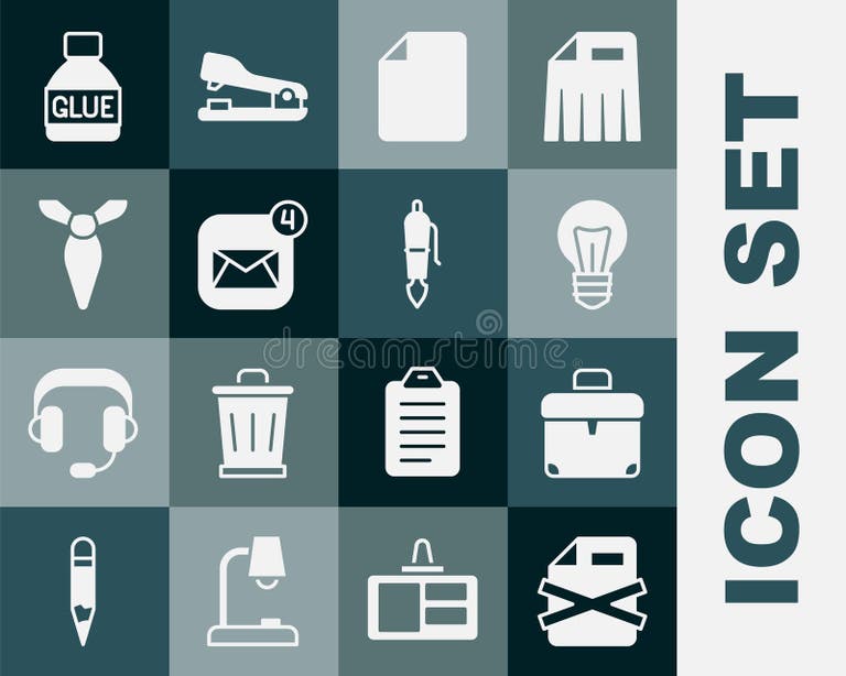 Set Delete File Document, Briefcase, Light Bulb, File, Envelope, Tie, Glue and Fountain Pen Nib ...