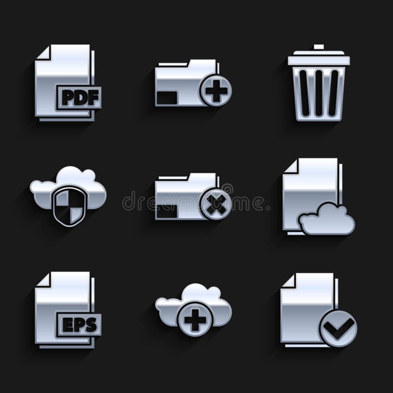 Set Delete Folder, Add Cloud, Document and Check Mark, Cloud Storage Text Document, EPS File ...