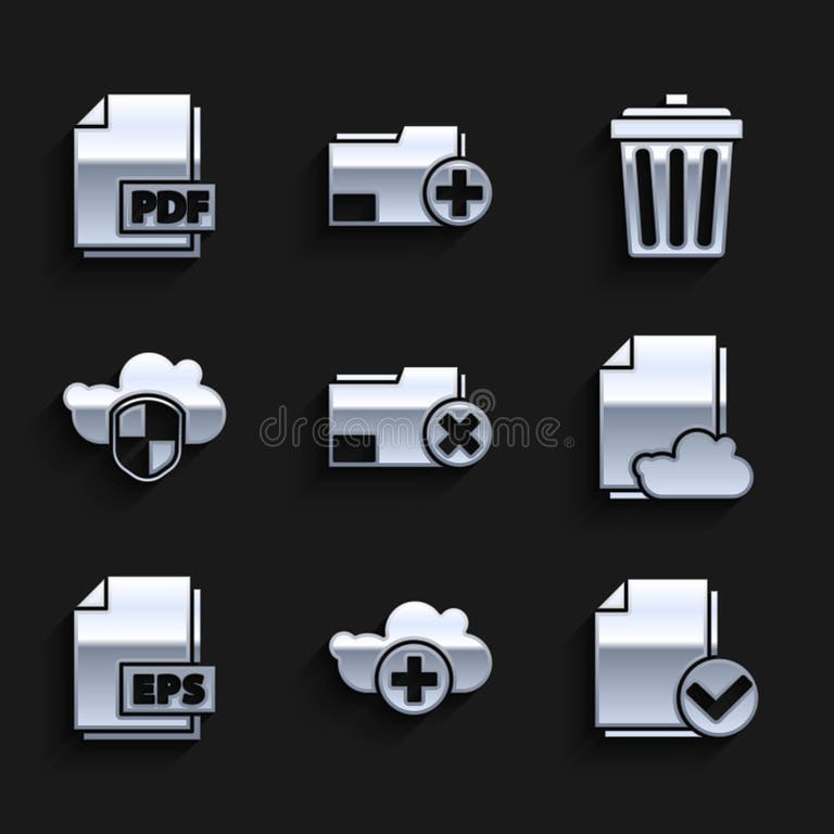 Set Delete Folder, Add Cloud, Document and Check Mark, Cloud Storage Text Document, EPS File ...
