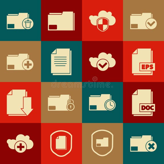 Set Delete Folder, DOC File Document, EPS, Cloud and Shield, Document, Add New, and with Check ...