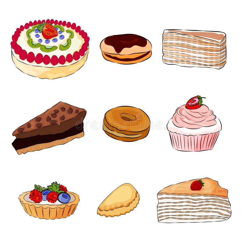 Set Of Delicious Cakes Cartoon Vector Illustration Stock Vector