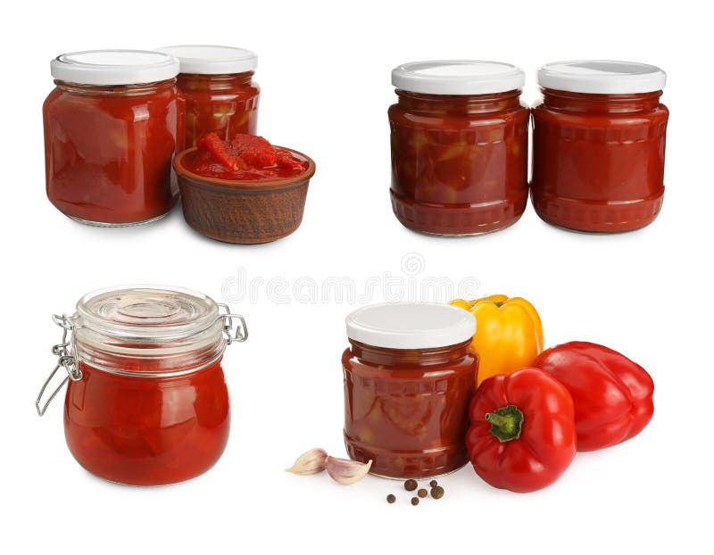 Set with Delicious Canned Lecho on Background Stock Image - Image of ...