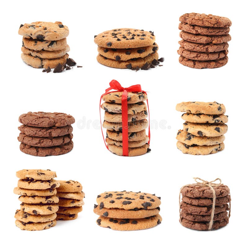 Set with Delicious Chocolate Chip Cookies on White Background Stock ...