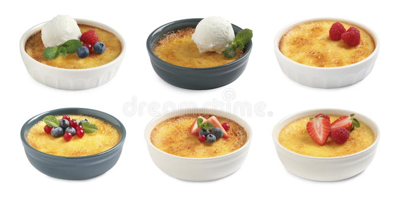 Set with Delicious Creme Brulee on White Background Stock Image - Image ...