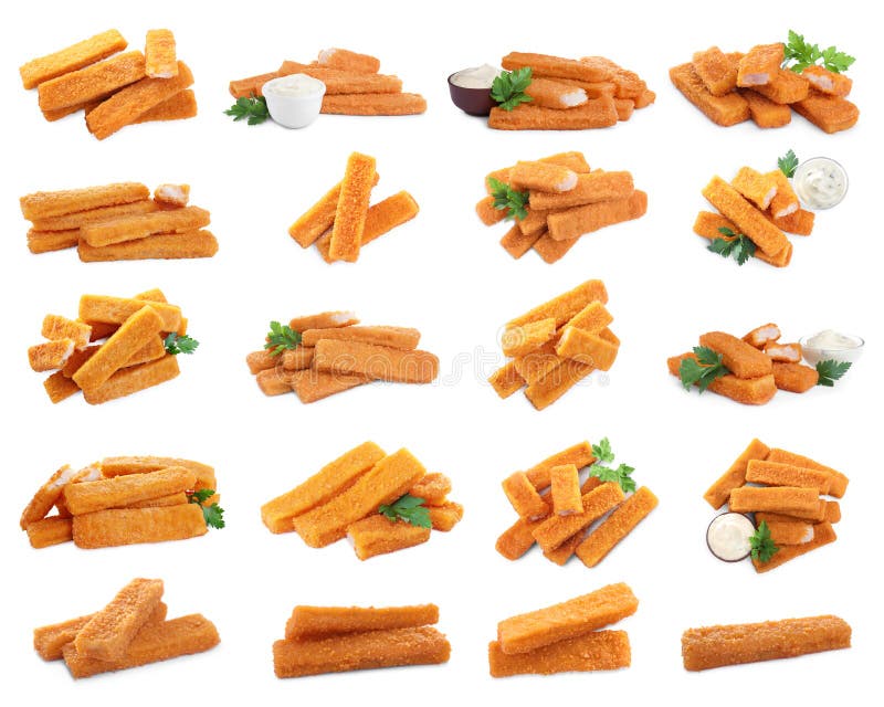 Set with Delicious Fish Fingers on on White Background Stock Image ...