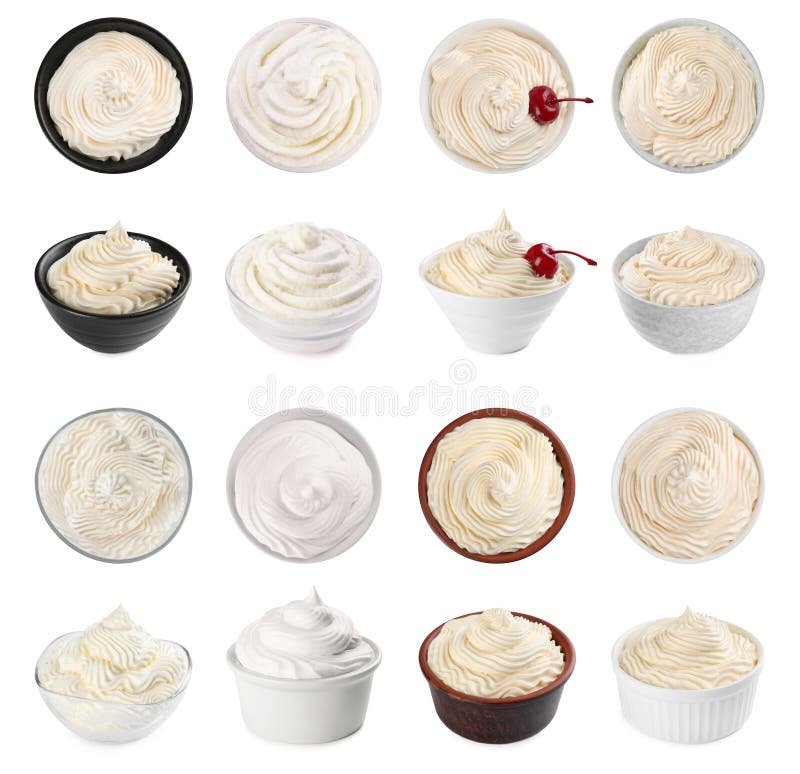 Set with Delicious Fresh Whipped Cream on White Background Stock Photo ...