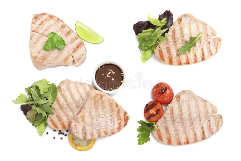 Set of Delicious Grilled Tuna Steaks on White Background, Top View ...