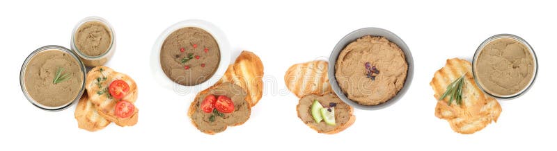 Set with Delicious Liver Pate and Bread on White Background, Top View ...