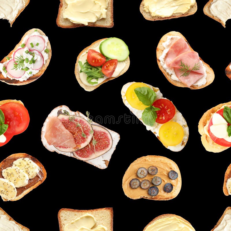Set of Delicious Toasted Bread with Toppings on Black Background, Top ...