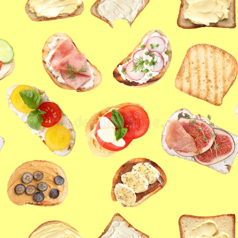 Set of Delicious Toasted Bread with Toppings on Yellow Background, Top ...