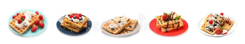 Set of Delicious Waffles with Different Toppings Stock Photo - Image of ...