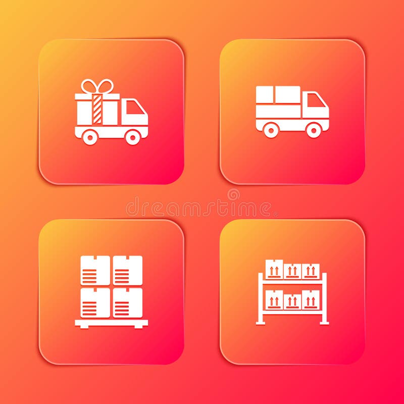 Set Delivery Truck with Gift, Boxes, Cardboard on Pallet and Warehouse ...