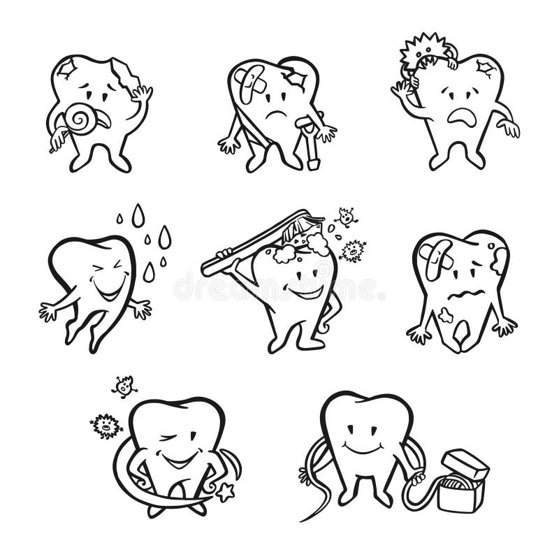 Set of Dental Hygiene Characters Teeth, Outline Vector Stock Vector ...
