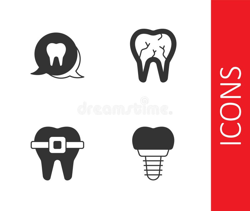Set Dental Implant, Tooth, Teeth with Braces and Broken Tooth Icon ...