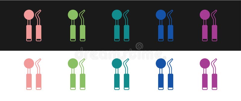 Set Dental Inspection Mirror and Probe Icon Isolated on Black and White ...