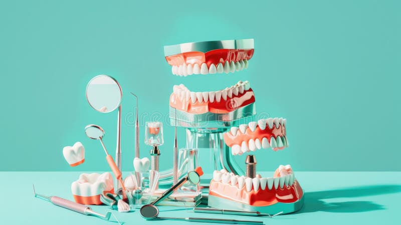 A Set of Dentures with a Variety of Dental Instruments Displayed ...