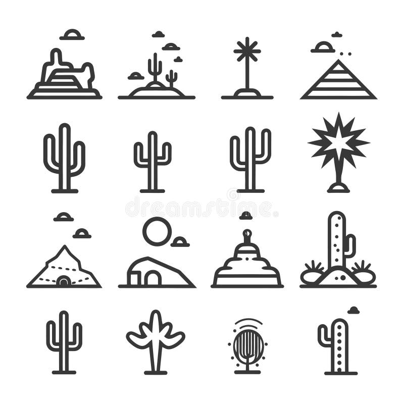 Collection of Desert Cactus and Landscape Line Icons Stock Vector ...