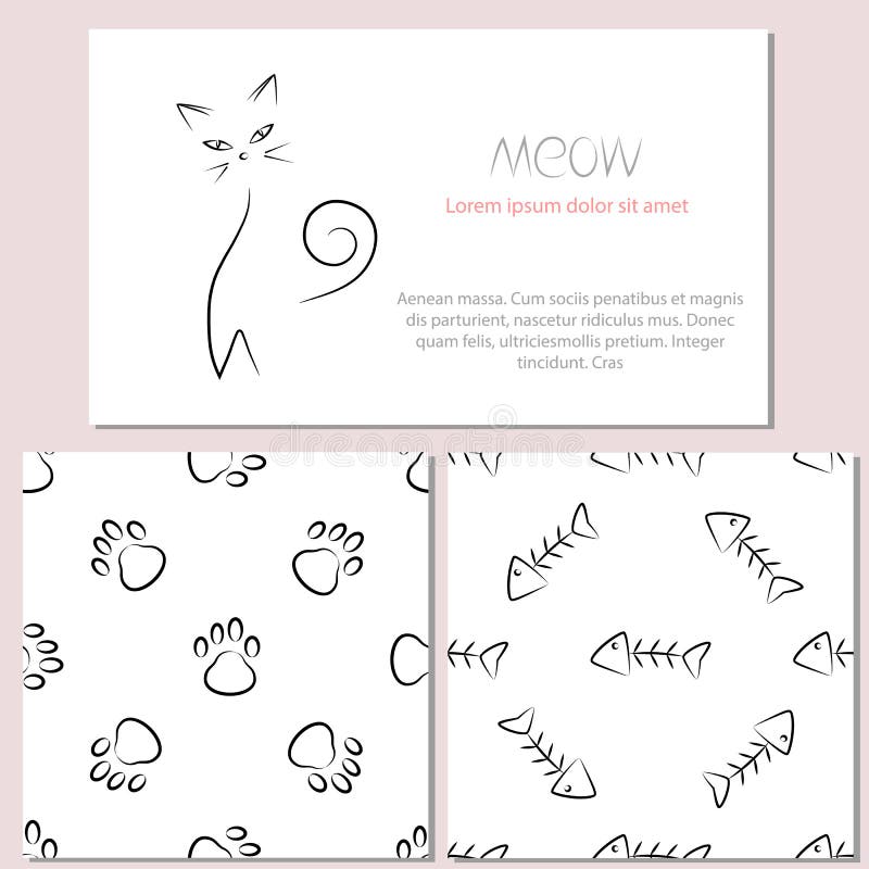 Set of Design Elements of Cat Theme: Two Seamless Patterns Stock Vector ...