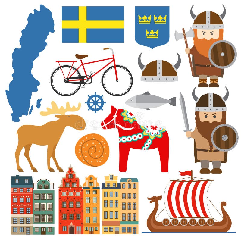 Symbols of Sweden Icons Set, Flat Style Stock Vector - Illustration of ...