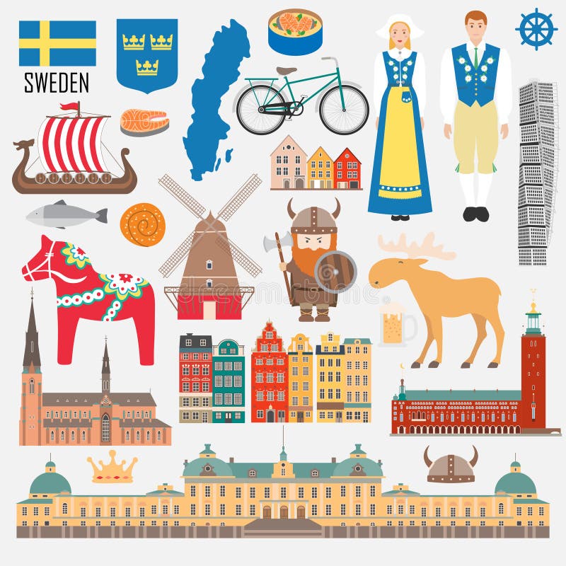 Symbols of Sweden Icons Set, Flat Style Stock Vector - Illustration of ...