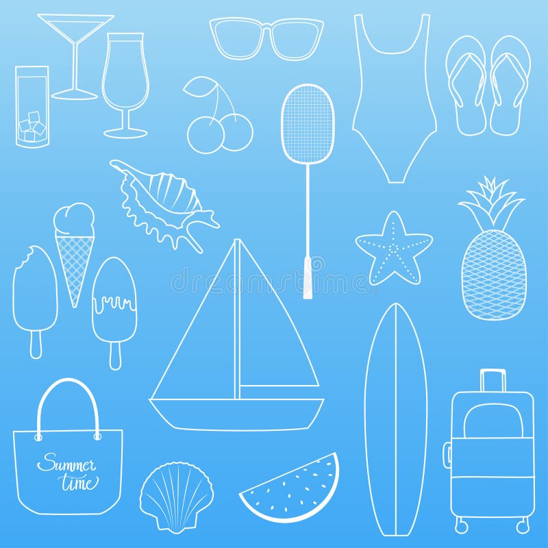 Set of Design Templates and Elements for Summer and Beach on Blue ...