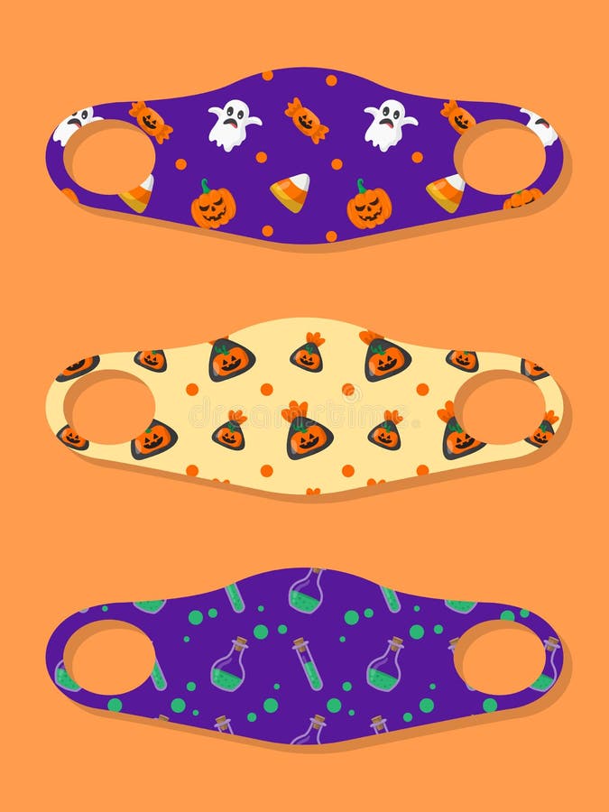 Set of Designs Face Masks with Halloween Seamless Pattern with Candy ...
