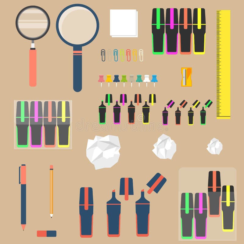 Set of Desk Objects. Flat Design Stock Vector - Illustration of ...