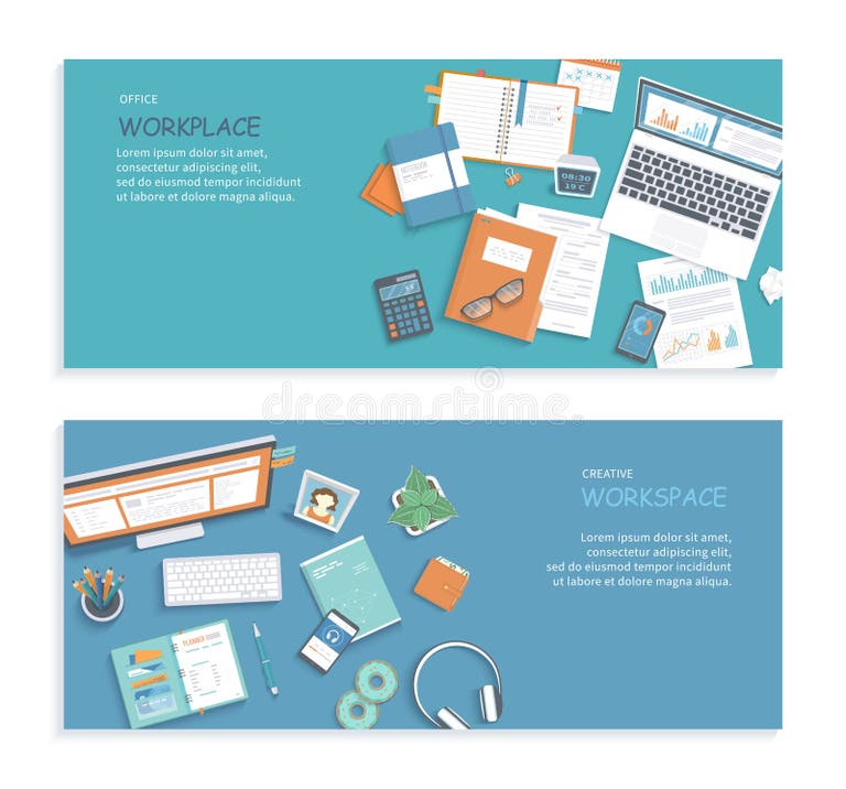 Set of Desktop Workplace Banners Backgrounds. Documents, Graphics ...