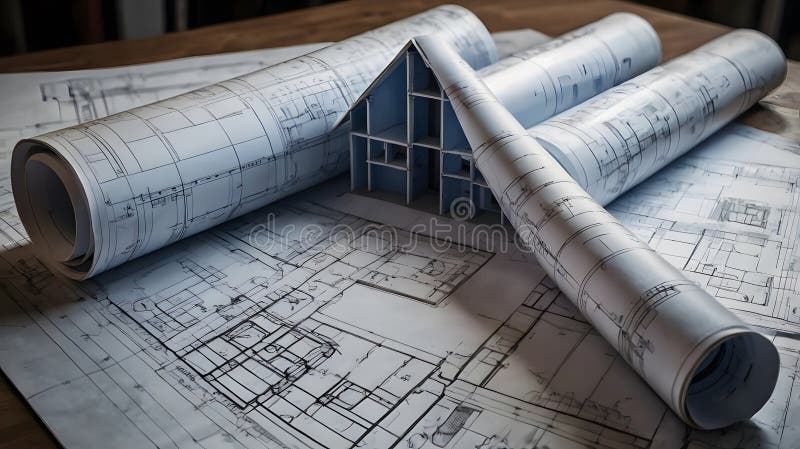 A Set of Detailed Architectural Blueprints Spread Out on a Wooden Desk ...