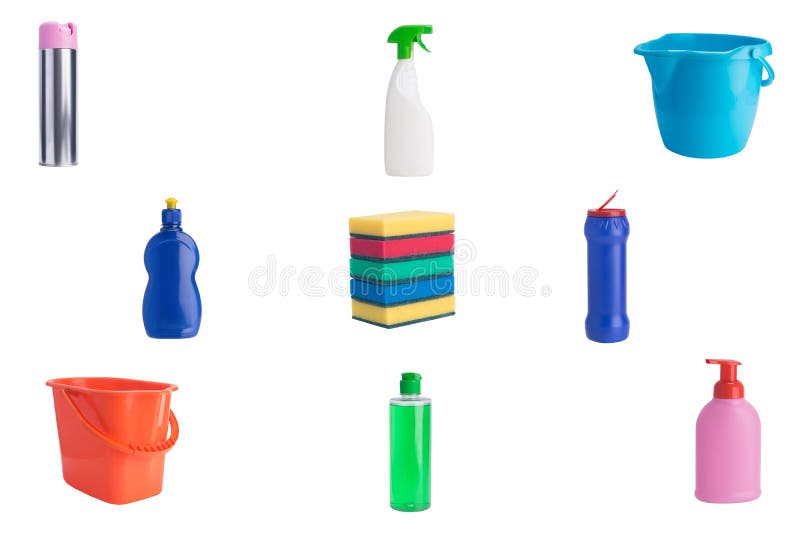 Set of Detergents and Items for Cleaning Rooms Isolated on White Stock ...