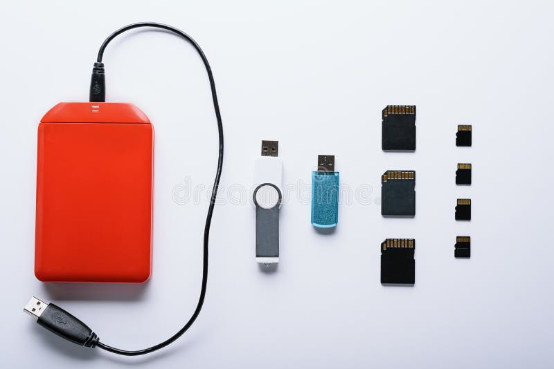 Set of Devices for Data Storage. Hard Drive, USB Stick and SD Micro ...