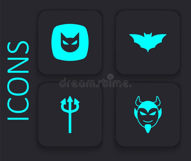 Set Devil Head, Black Cat, Flying Bat and Trident Devil Icon. Black ...
