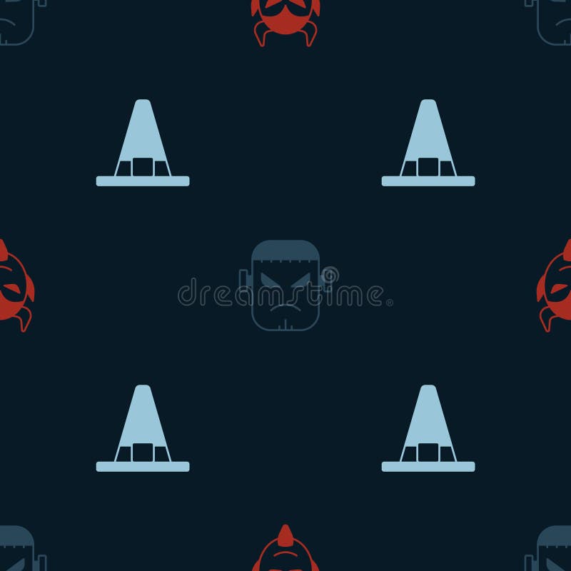 Set Devil Head, Frankenstein Face and Witch Hat on Seamless Pattern ...