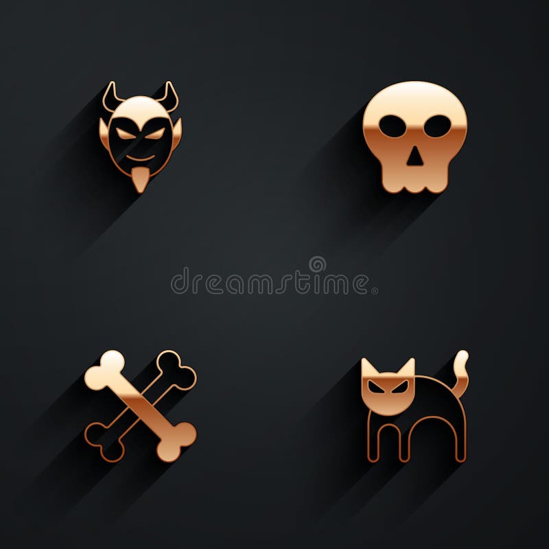 Set Devil Head, Skull, Crossed Bones and Black Cat Icon with Long ...