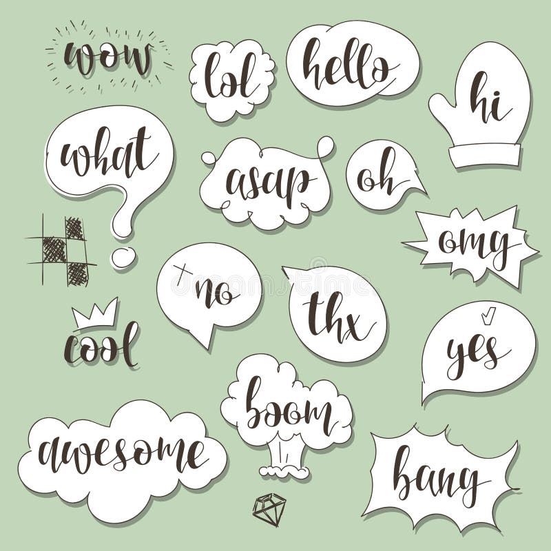 Set Dialog Bubbles with Calligraphic Phrases in Sketch Style Stock ...